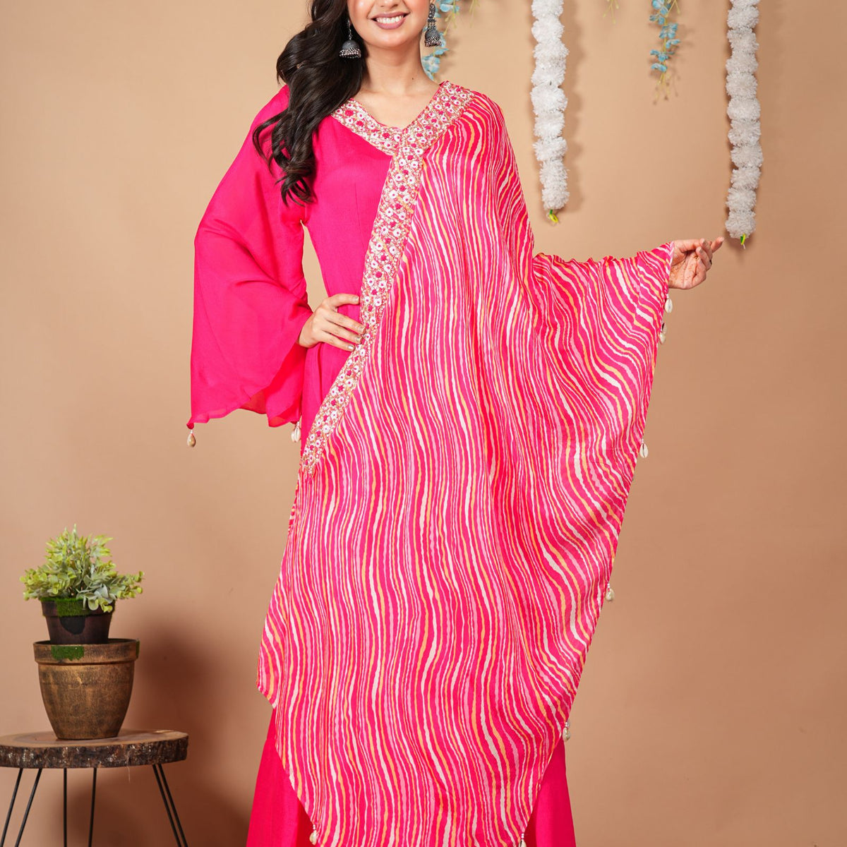 Hot Pink Gown with attached Leheriya Cross Flap – Vastrinee